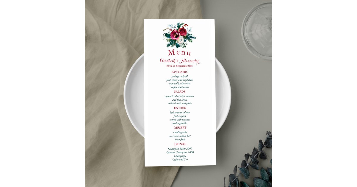 Floral winter watercolor peonies wedding menu | Zazzle