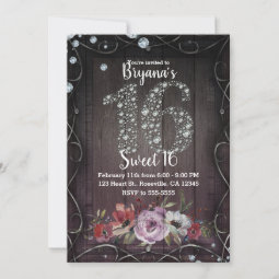 Floral Wood Diamond Bling 16 Birthday Party Photo Invitation | Zazzle