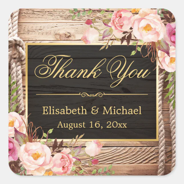Floral Wood Rustic Country Gold Frame Thank You Square Sticker | Zazzle