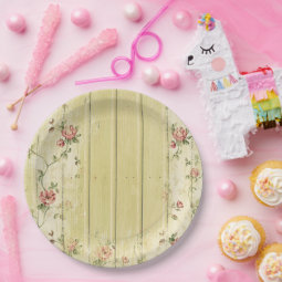 Floral & Wood Shabby Chic Paper Plate | Zazzle