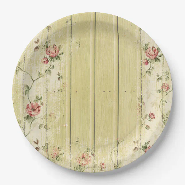 Floral & Wood Shabby Chic Paper Plate | Zazzle