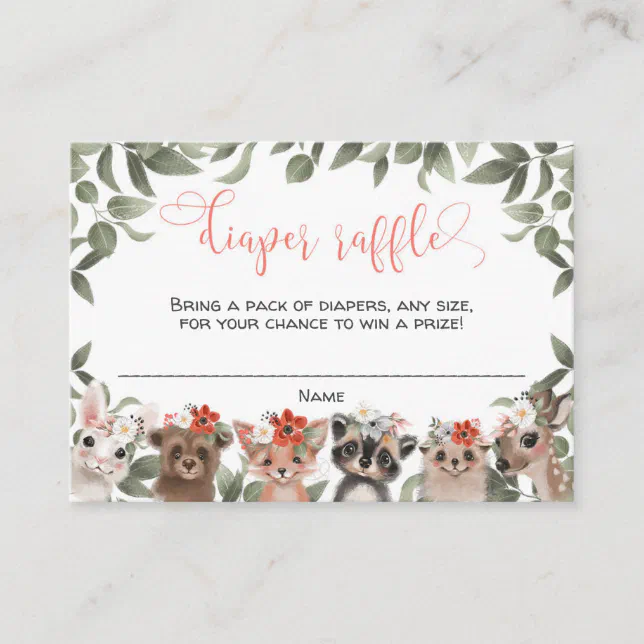 Floral woodland animals forest girl diaper raffle enclosure card | Zazzle