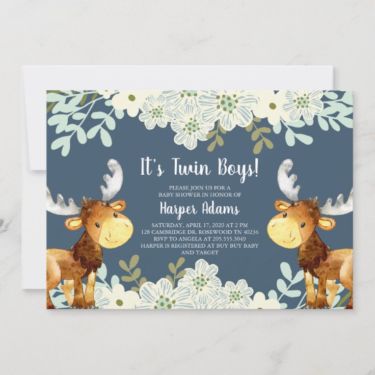 Floral Woodland Moose Twin Boys Baby Shower Invitation | Zazzle