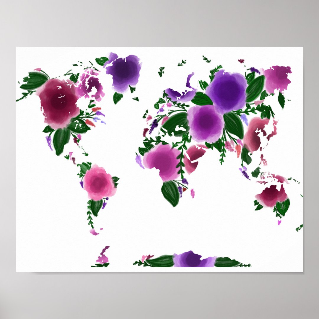 Floral World Map Poster | Zazzle
