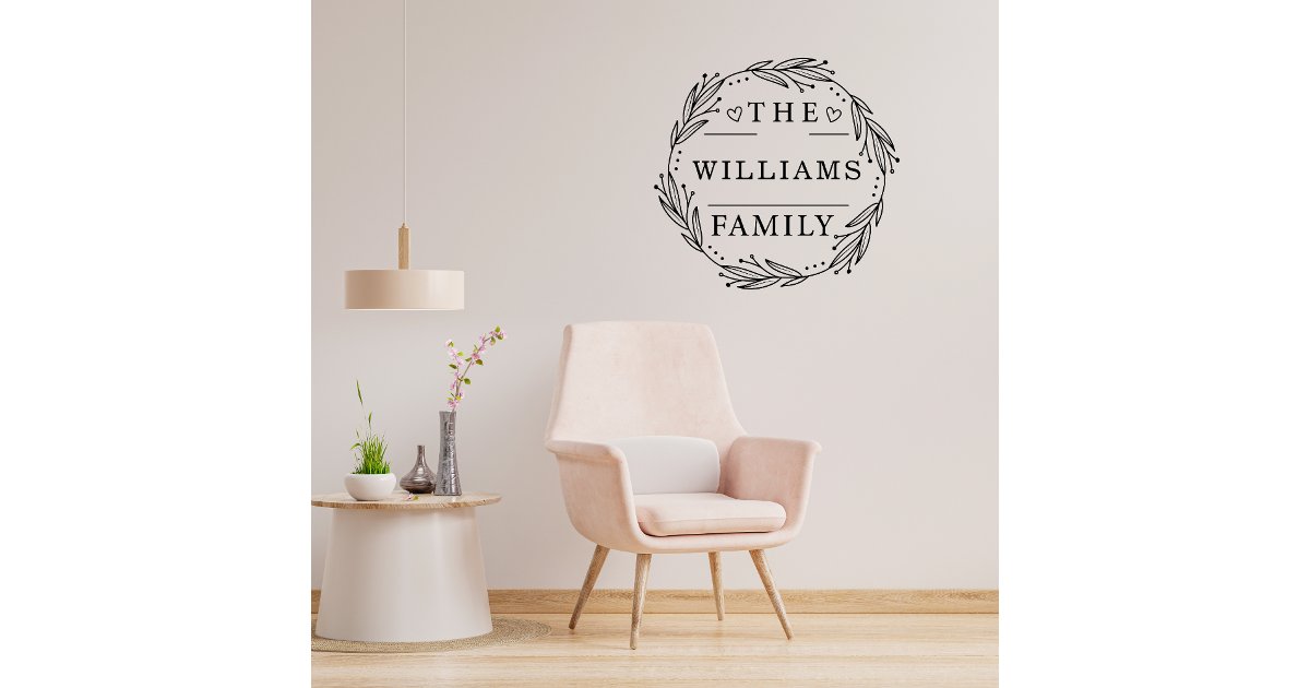 Floral Wreath Custom Family Name Black Script Wall Decal | Zazzle