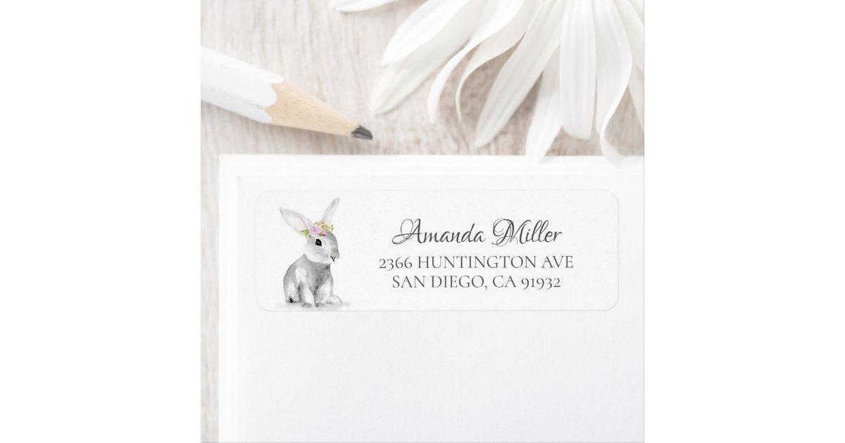 Floral Wreath Easter Bunny Return Address Label | Zazzle