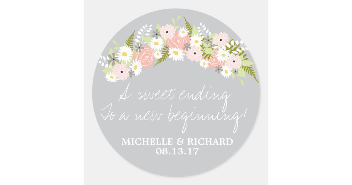 Floral Wreath Light Gray Wedding Classic Round Sticker | Zazzle
