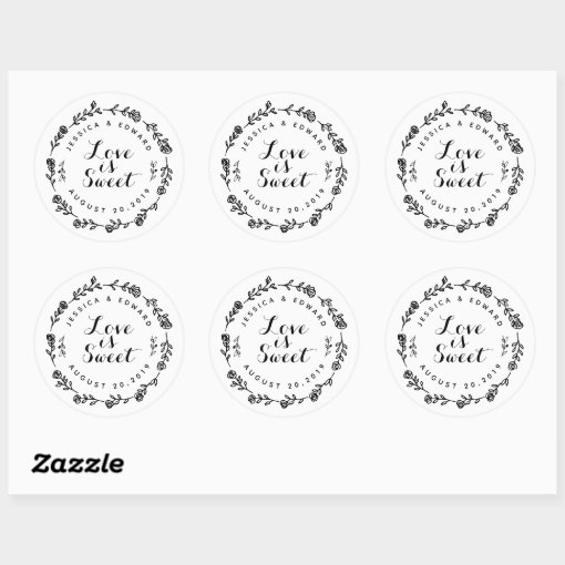 Floral Wreath Love Is Sweet Wedding Favor Classic Round Sticker Zazzle