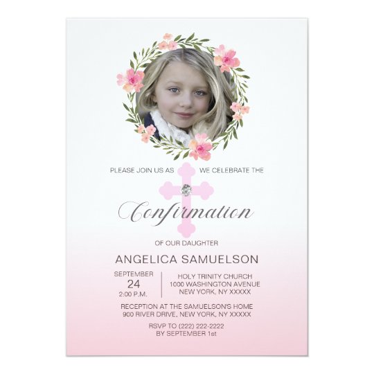 Floral Wreath Pink Confirmation GIRL | PHOTO Invitation | Zazzle.com