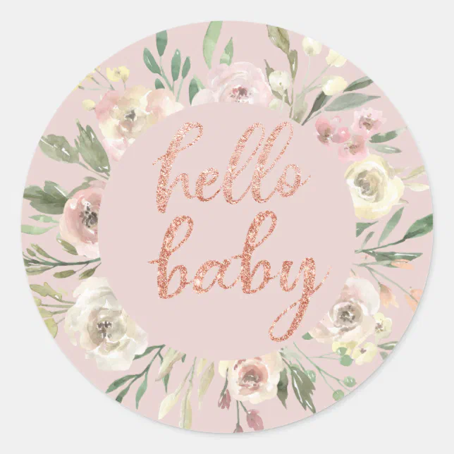 Floral Wreath & Rose Gold Hello Baby Envelope Seal | Zazzle