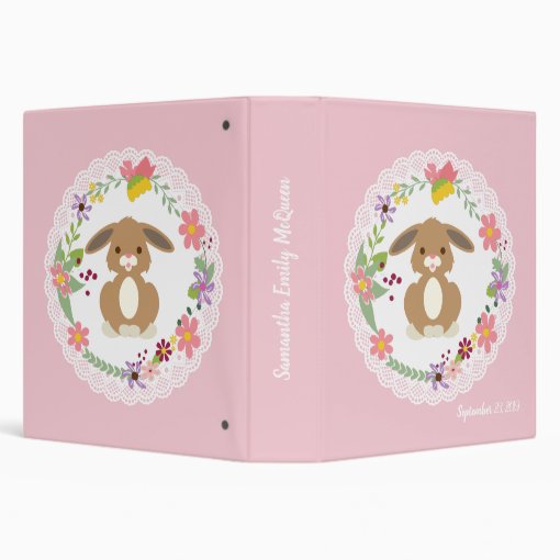 Floral Wreath with Rabbit Pink Baby Album Binder | Zazzle