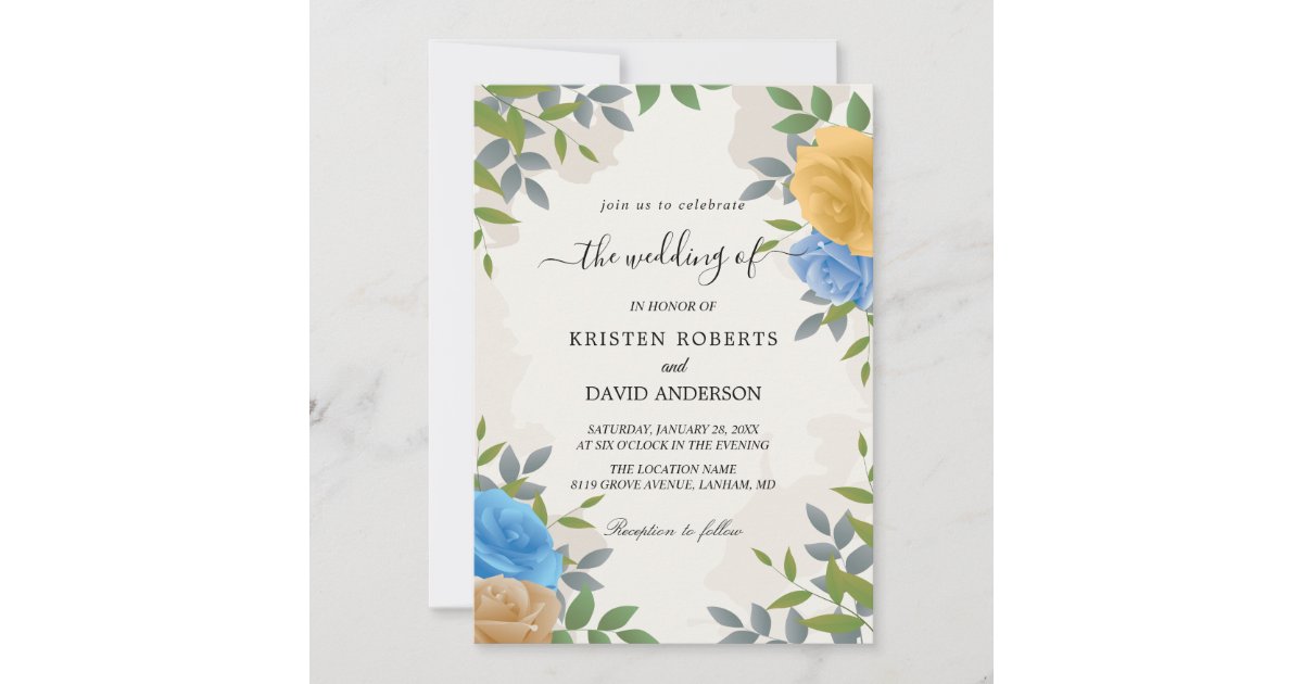 floral yellow and blue wedding invitation | Zazzle