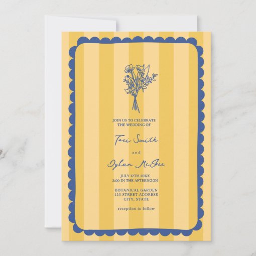 Floral Yellow Stripe Scalloped Border Wedding Invitation | Zazzle