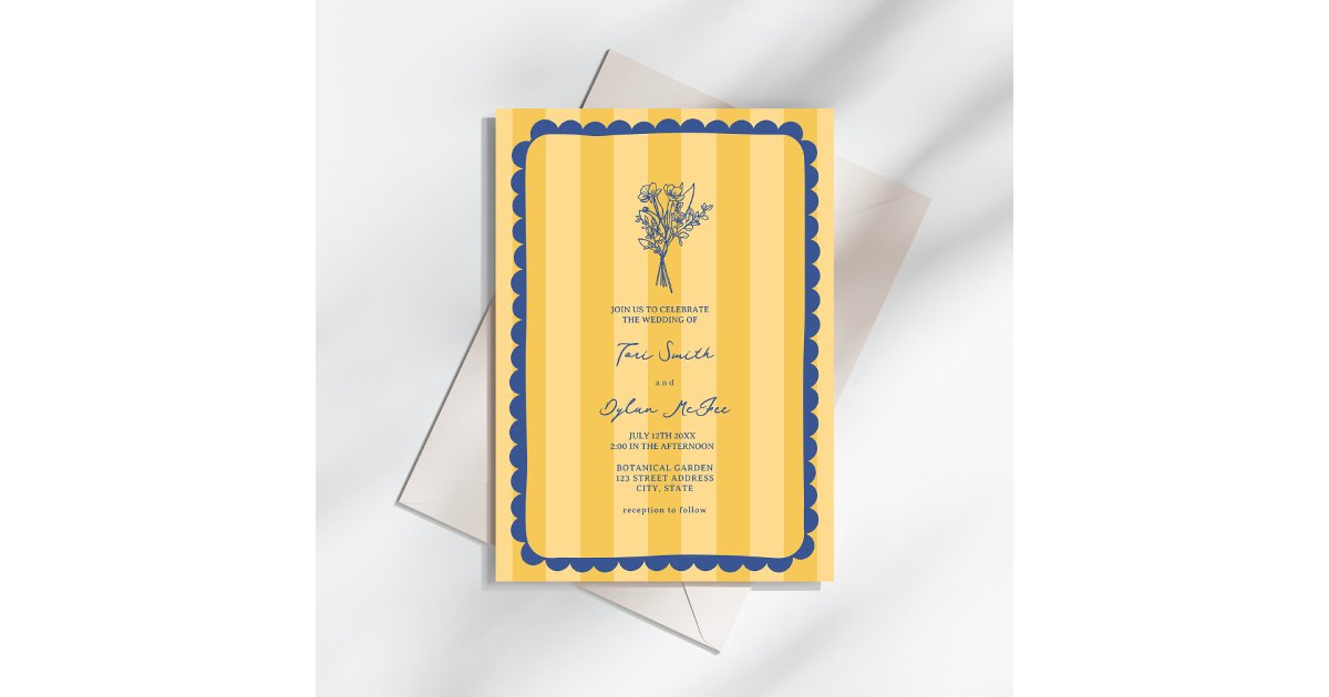 Floral Yellow Stripe Scalloped Border Wedding Invitation | Zazzle