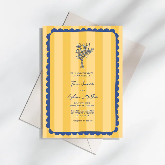 Floral Yellow Stripe Scalloped Border Wedding Invitation | Zazzle