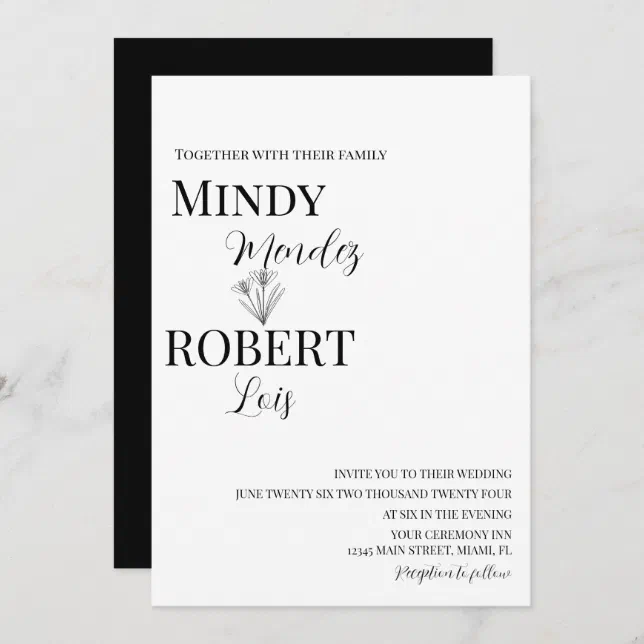 Florals and Script Black White Wedding Invitation | Zazzle