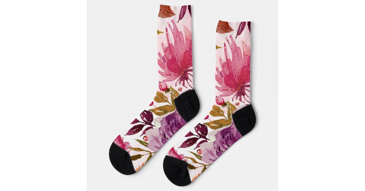 Florals Watercolor Red, Pink, Mauve Socks | Zazzle