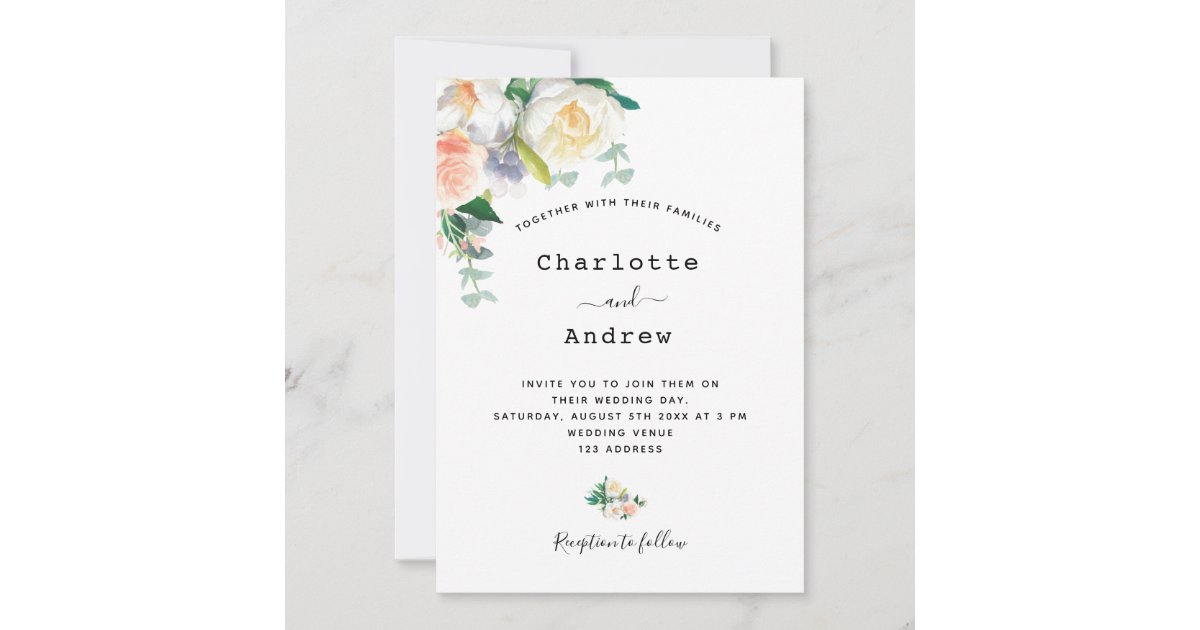 Florals white rose gold pink simple wedding invitation | Zazzle