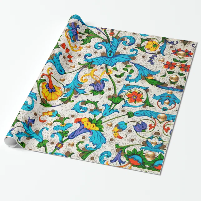 FLORENTINE RENAISSANCE BLUE FLORAL SWIRLS,FLOWERS WRAPPING PAPER | Zazzle