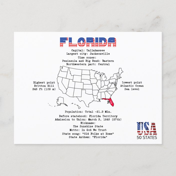 Florida American state on a map and useful info Holiday Postcard ...