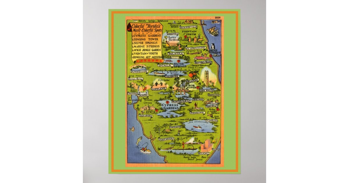 Florida Attractions Colorful Map Poster | Zazzle