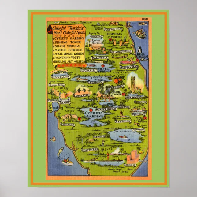 Florida Attractions Colorful Map Poster | Zazzle