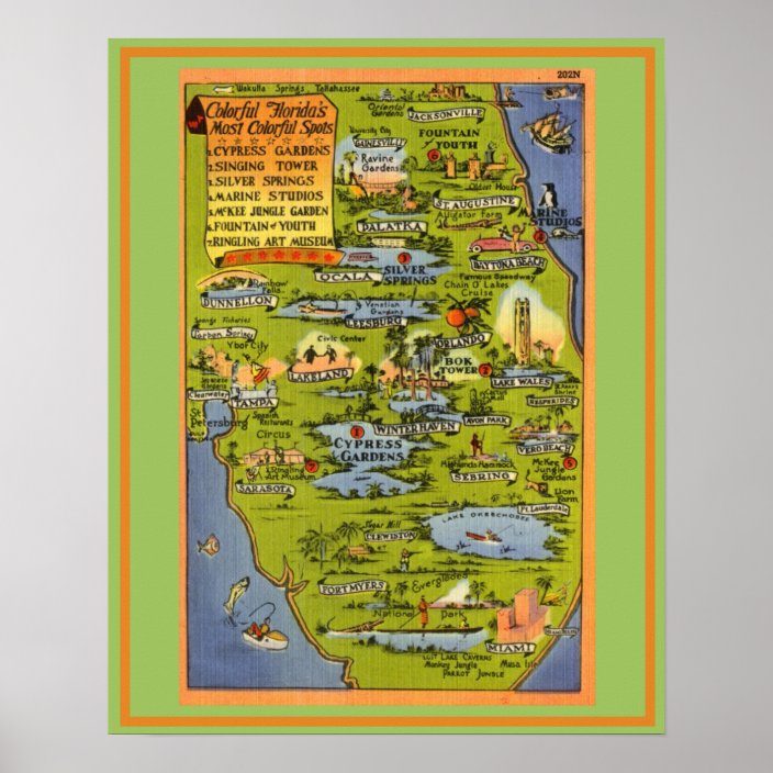 Florida Attractions Colorful Map Poster | Zazzle.com