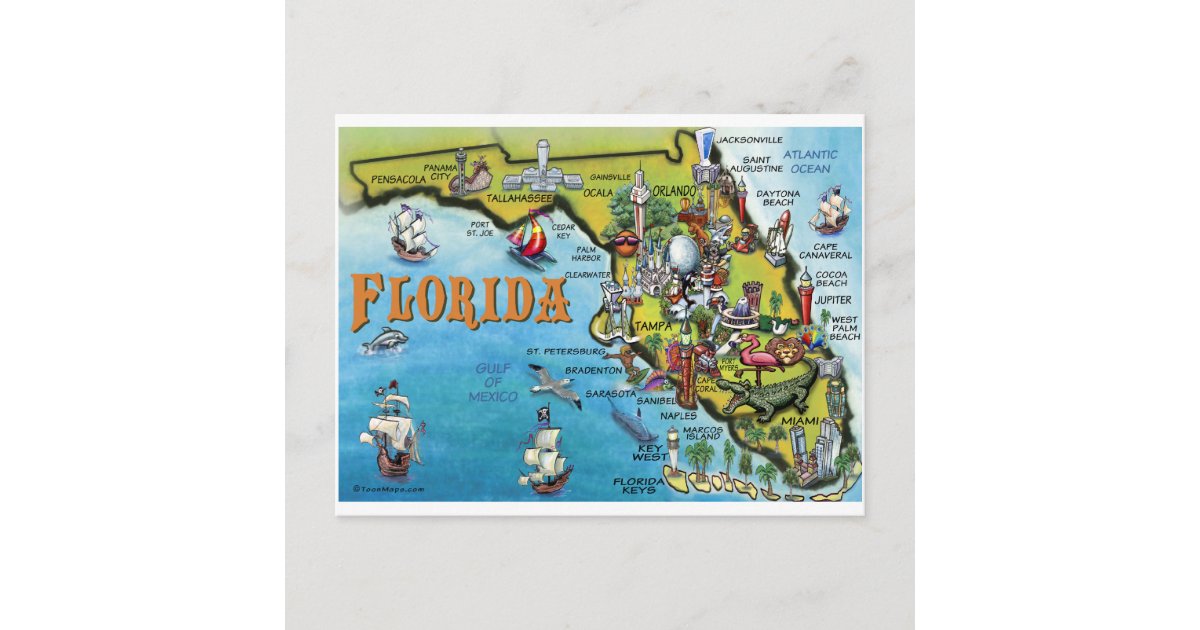 Florida Cartoon Map Postcard | Zazzle