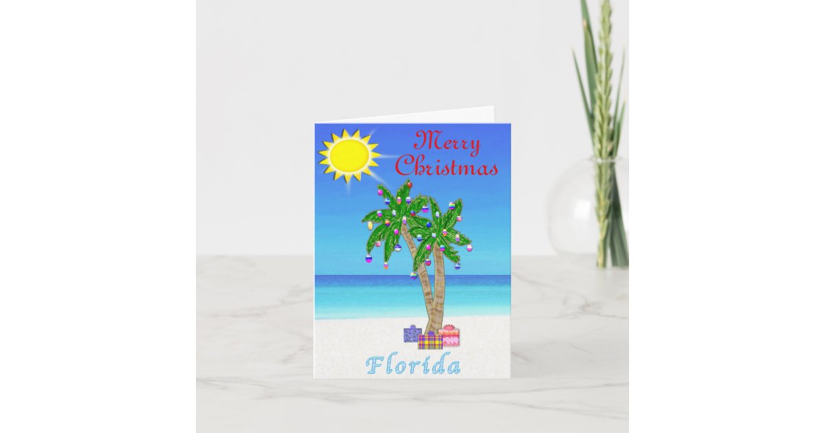 Florida Christmas Cards Palm Tree on Beach | Zazzle