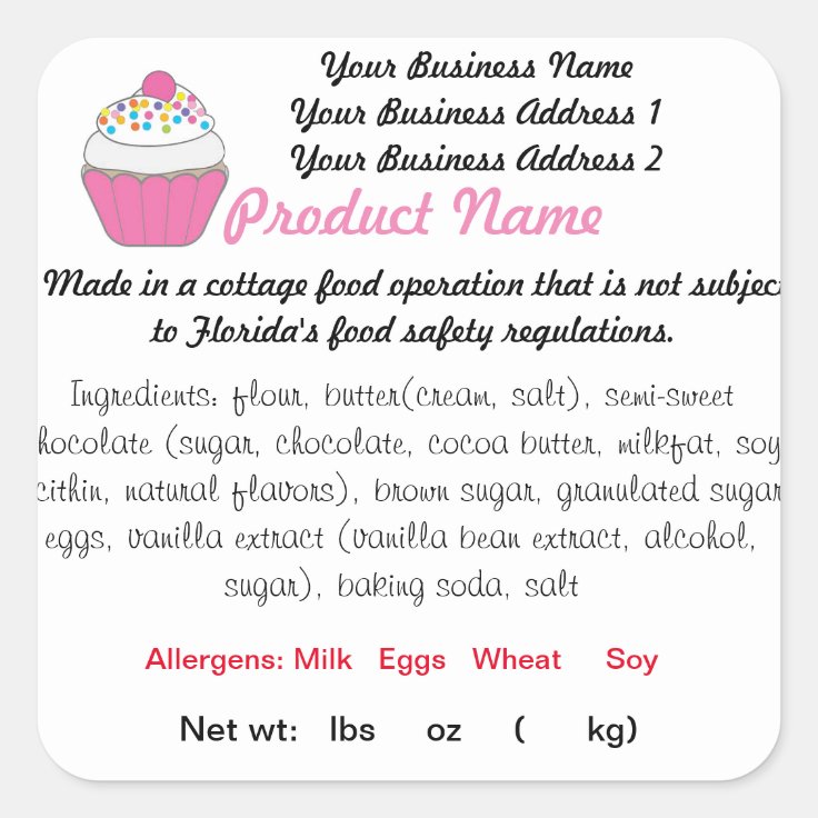 FLORIDA Cottage Food Law Sticker/Label bakers bill Square Sticker | Zazzle