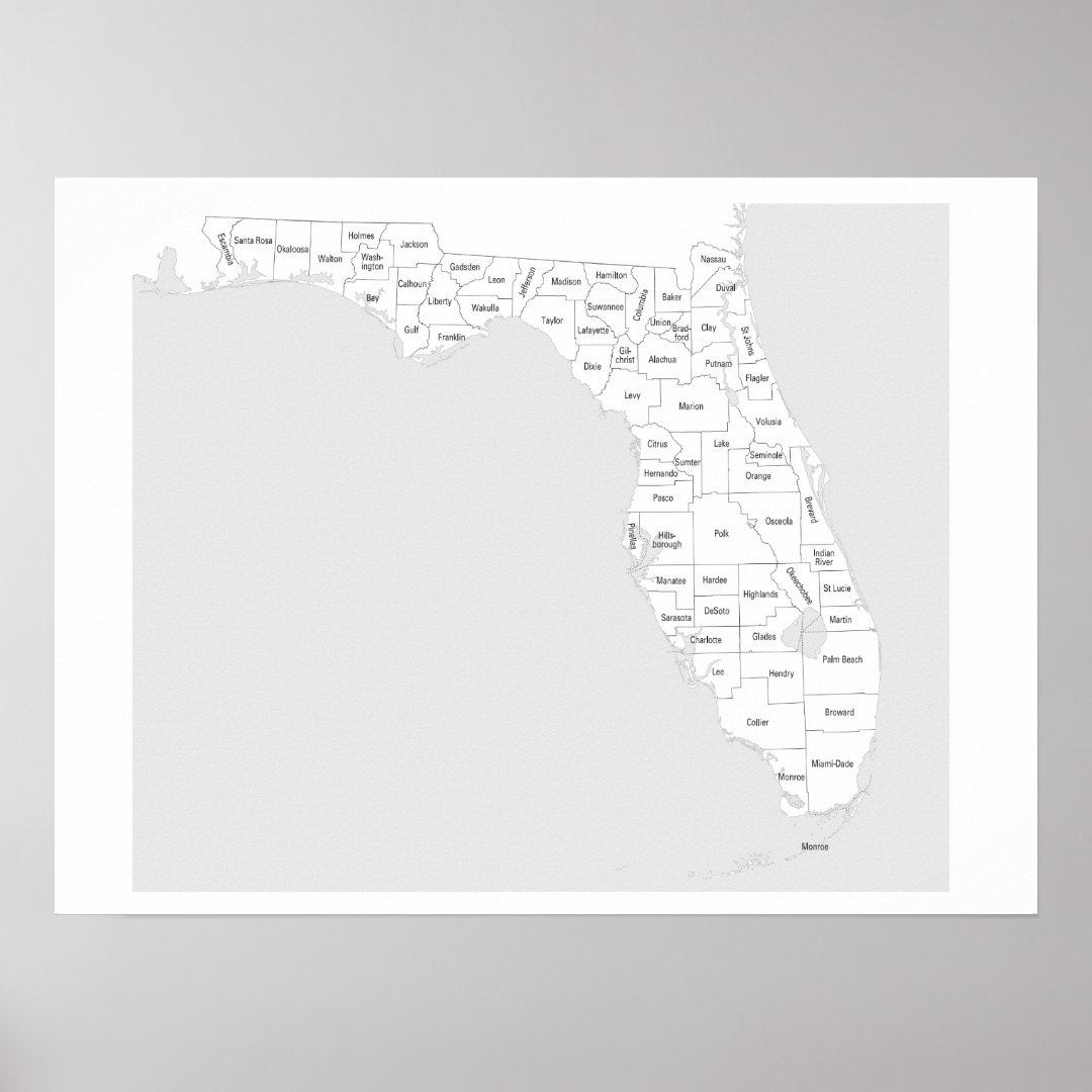 Florida counties map with outlines and names poster | Zazzle