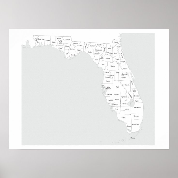 Florida counties map with outlines and names poster | Zazzle