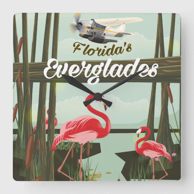 Florida Everglades cartoon travel poster Square Wall Clock | Zazzle