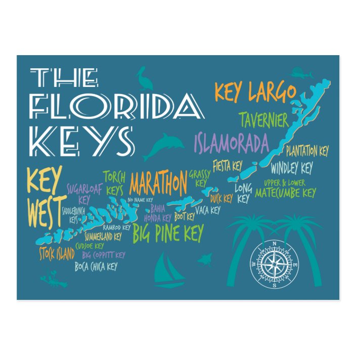 Florida Keys Map with colorful island names Postcard | Zazzle.com