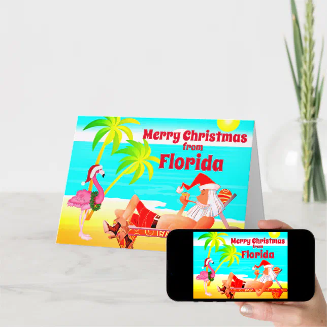 Florida Merry Christmas Santa and Flamingo Beach Holiday Card | Zazzle