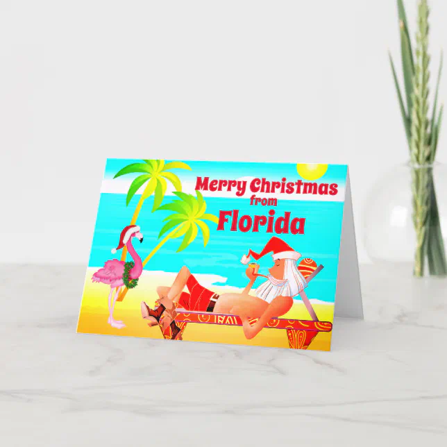 Florida Merry Christmas Santa and Flamingo Beach Holiday Card | Zazzle