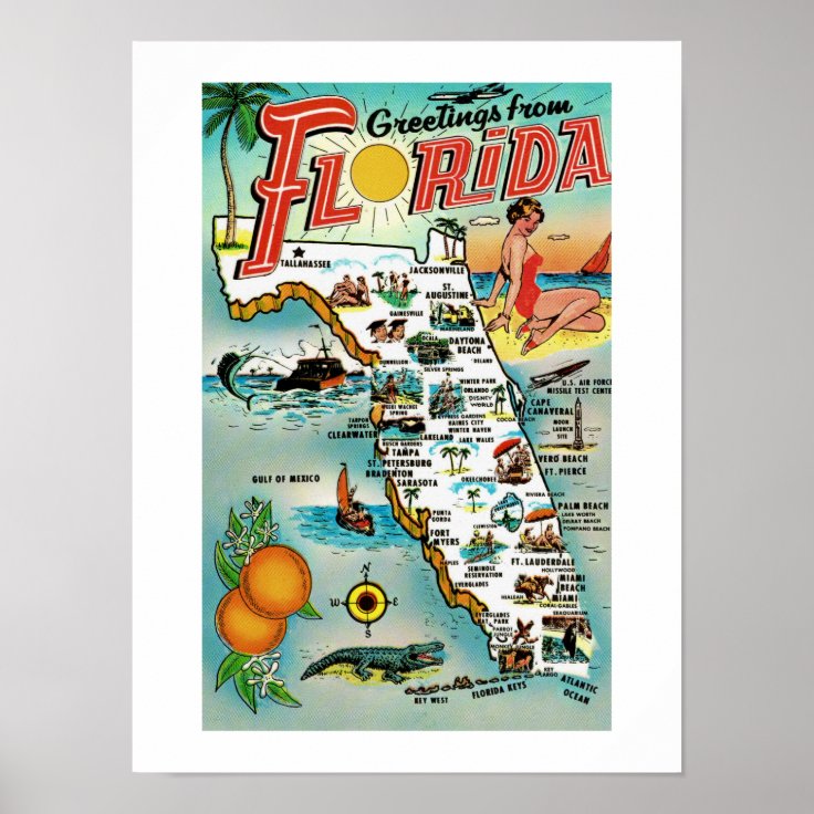 Florida Retro Postcard Map Poster | Zazzle
