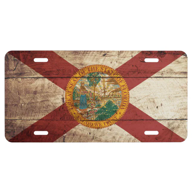 Florida State Flag on Old Wood Grain 1 License Plate | Zazzle