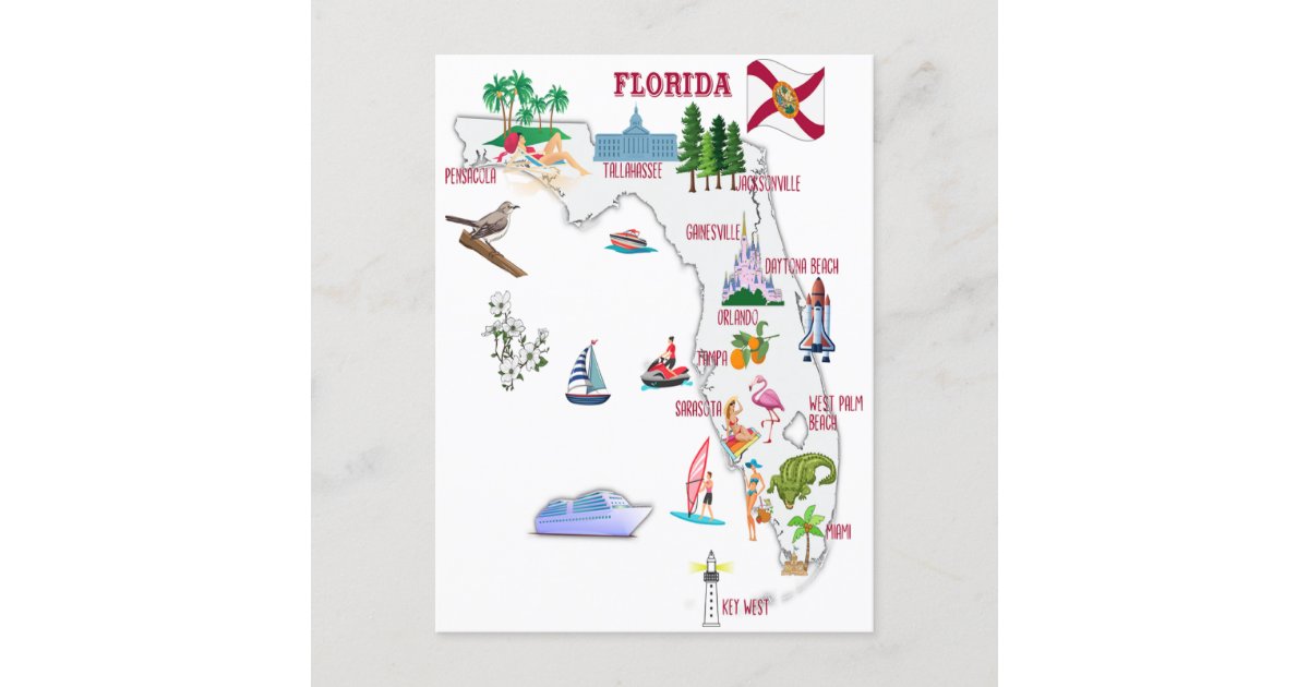 Florida tourist map with landmarks postcard | Zazzle