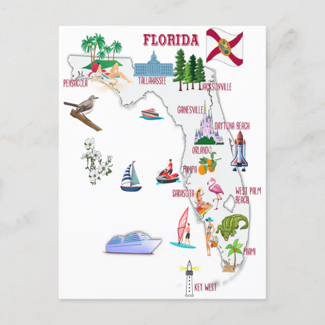 Florida tourist map with landmarks postcard | Zazzle