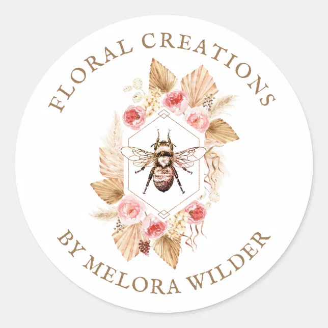 Florist Honey Bee Blush Pink Floral Product Label | Zazzle