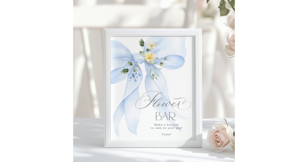Flower Bar Blue Bow Floral Bloom Bar Poster | Zazzle