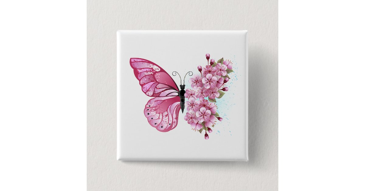 Flower Butterfly with Pink Sakura Button | Zazzle