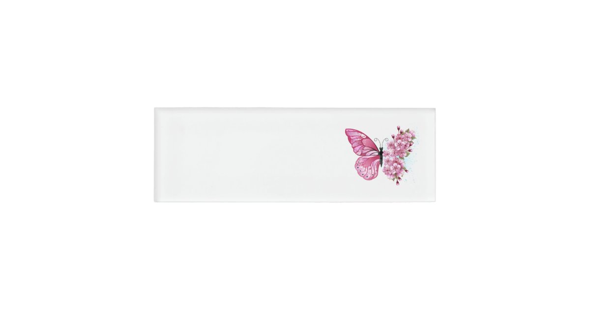 Flower Butterfly with Pink Sakura Name Tag | Zazzle