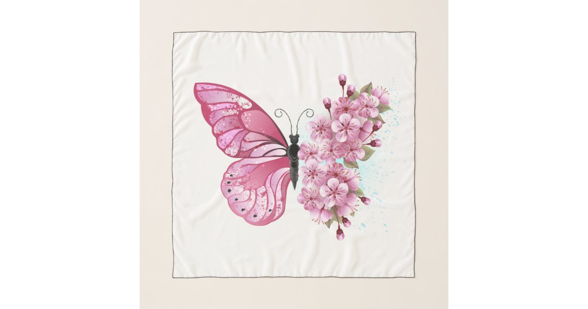 Flower Butterfly with Pink Sakura Scarf | Zazzle