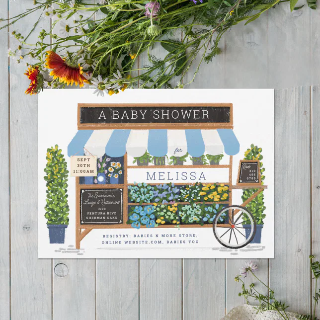 Flower Cart Farmer's Market Blue Baby Shower Invitation | Zazzle