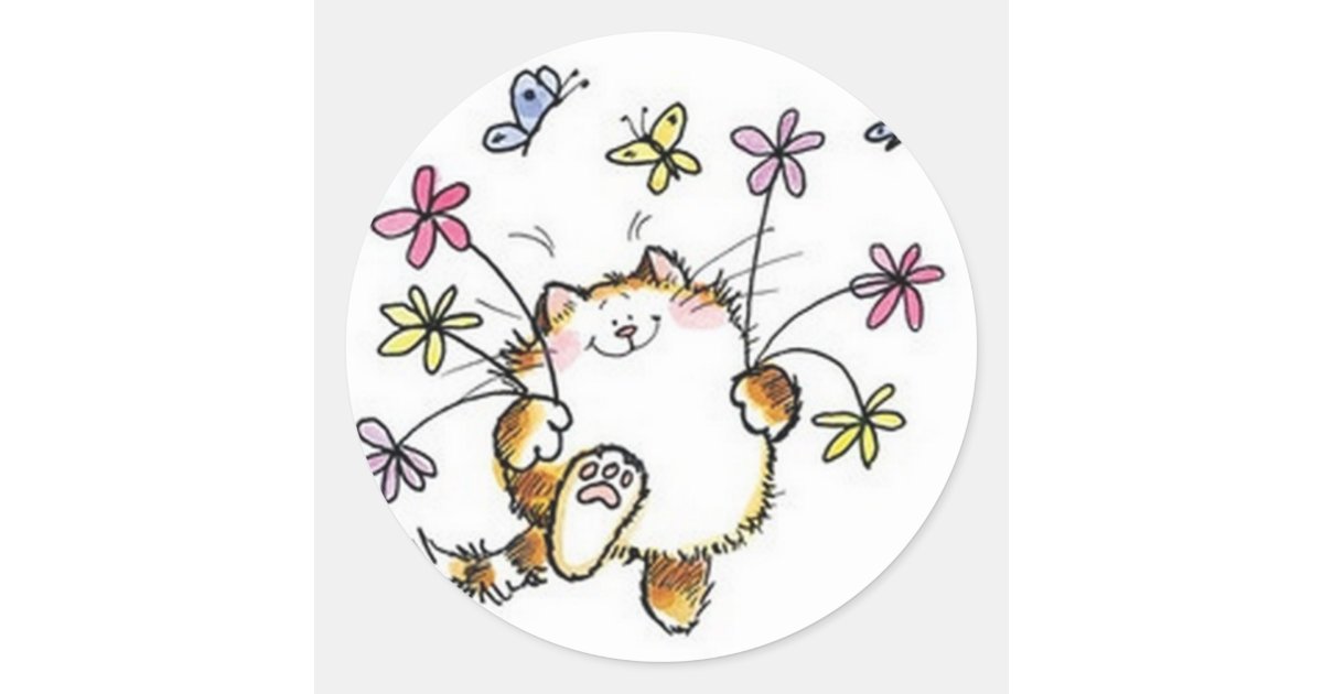 Flower cat classic round sticker | Zazzle