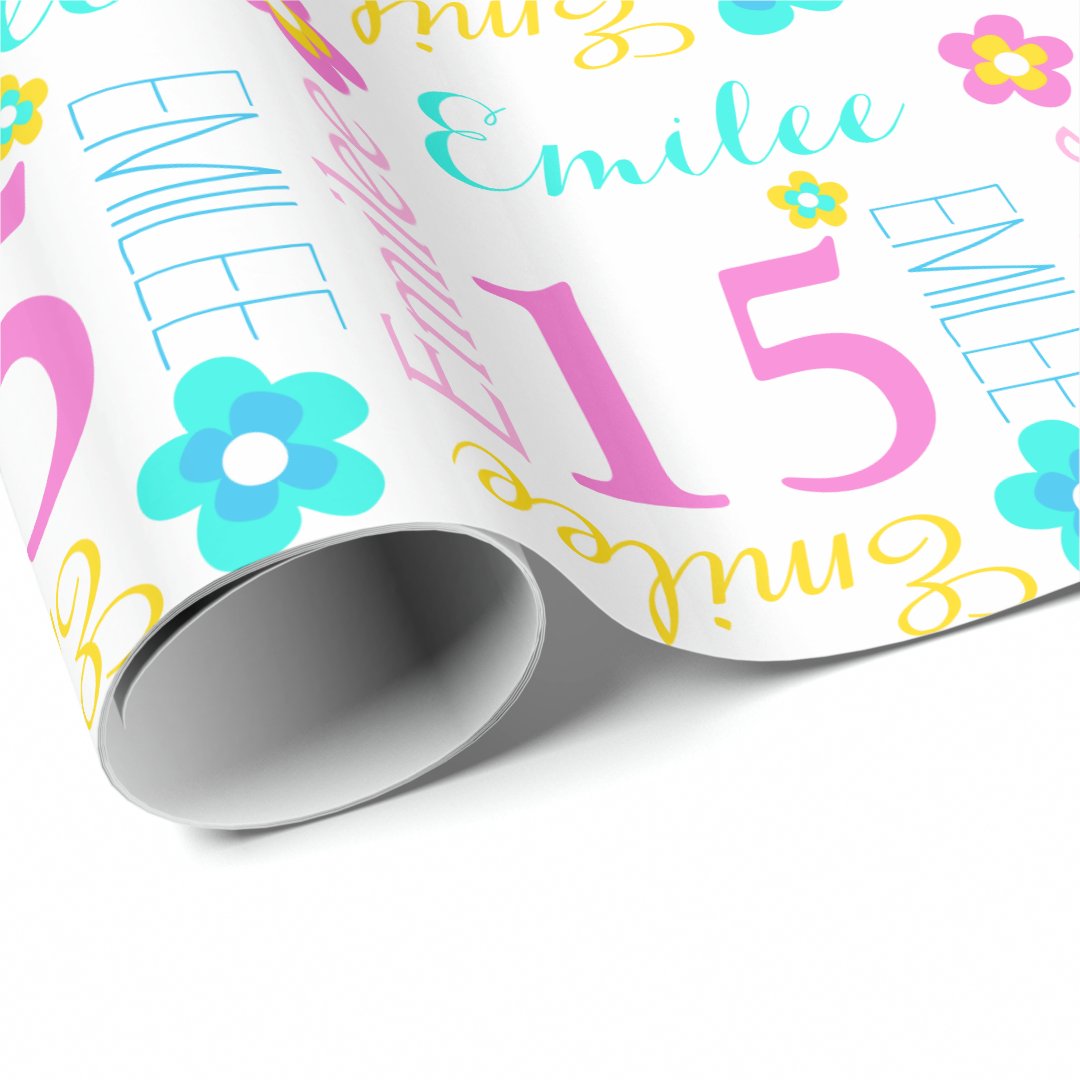 Flower custom name Emilee age 15 birthday wrap Wrapping Paper | Zazzle