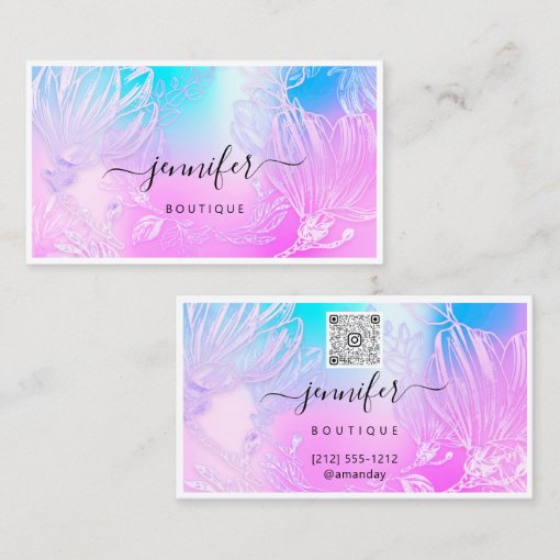 Flower Frame QR Code Custom Logo Blue Pink Business Card | Zazzle