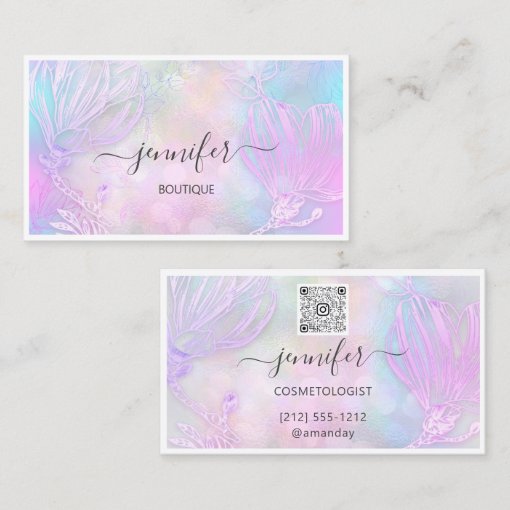 Flower Frame QR Code Custom Logo Holograph Pinky Business Card | Zazzle